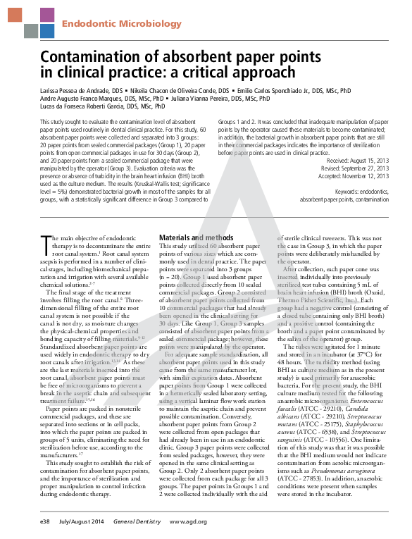 (PDF) Contamination of absorbent paper points in clinical practice: a ...