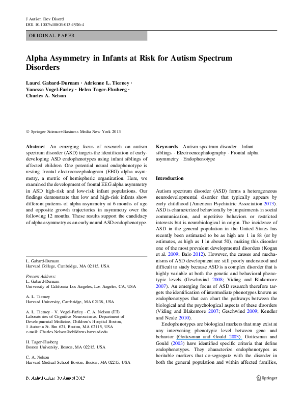 (PDF) Alpha Asymmetry in Infants at Risk for Autism Spectrum Disorders