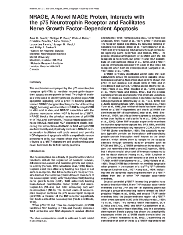 (PDF) NRAGE, A Novel MAGE Protein, Interacts with the p75 Neurotrophin ...