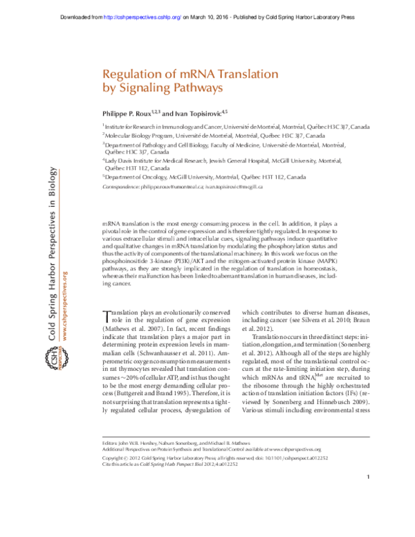 (PDF) Regulation of mRNA translation by signaling pathways
