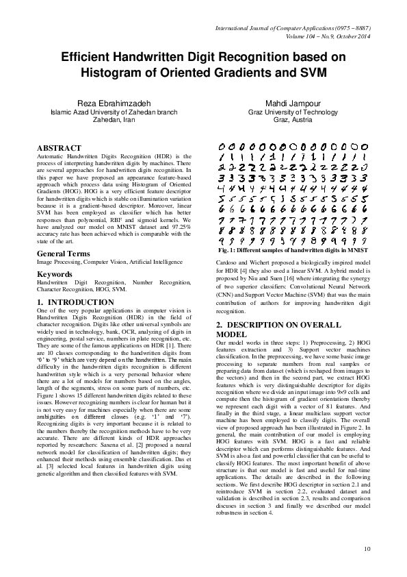 Pdf Efficient Handwritten Digit Recognition Based On Histogram Of