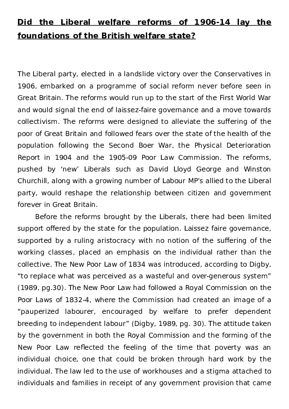 (DOC) Did the Liberal welfare reforms of 1906-14 lay the foundations of ...