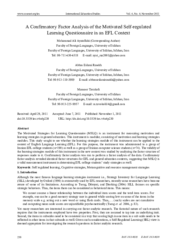 Pdf A Confirmatory Factor Analysis Of Motivated Self Regulated Learning Questionnaire In An