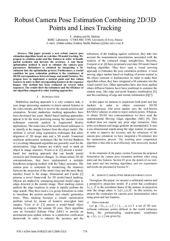 Pdf Robust Camera Pose Estimation Combining 2d 3d Points And Lines