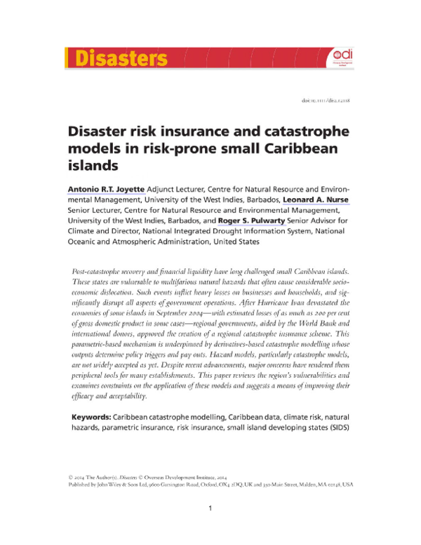 (PDF) Disaster risk insurance and catastrophe models in risk-prone ...