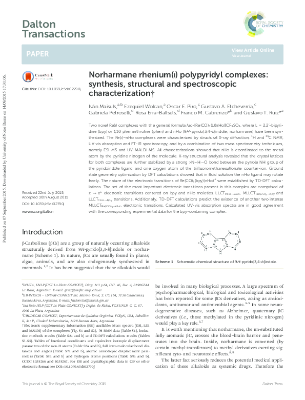 (PDF) Norharmane rhenium(i) polypyridyl complexes: synthesis ...