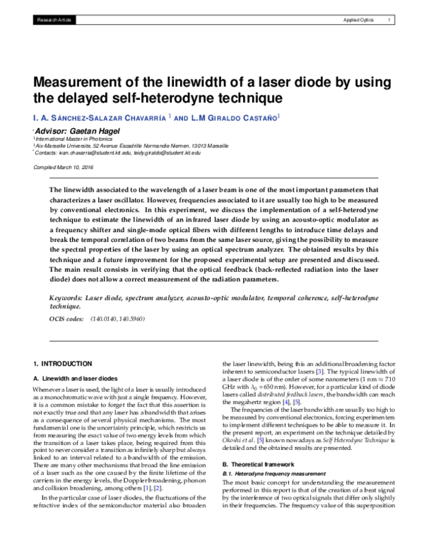 (PDF) Measurement of the linewidth of a laser diode by using the delayed self-heterodyne technique