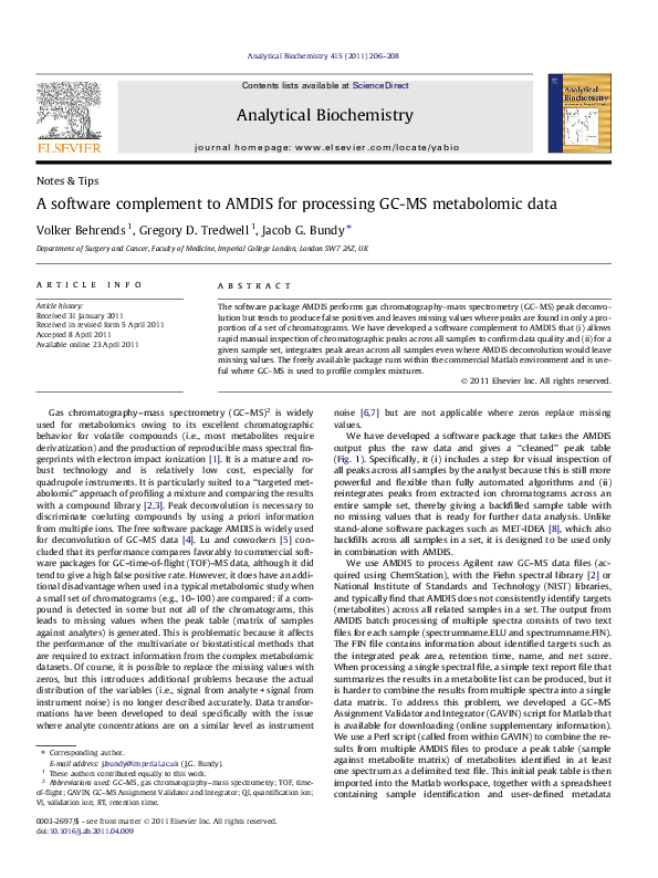 (PDF) A software complement to AMDIS for processing GC-MS metabolomics data