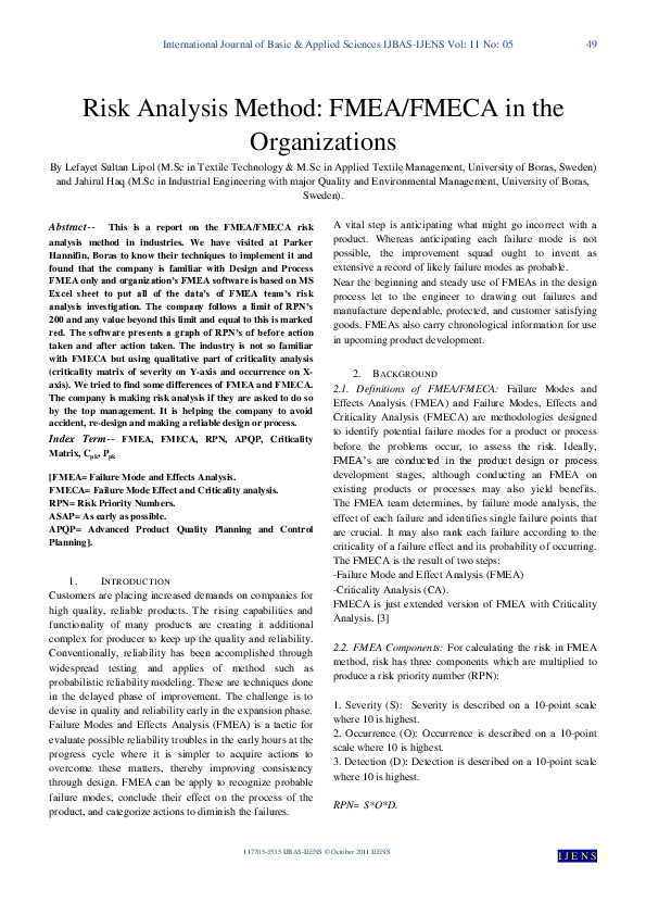 (PDF) Risk Analysis Method: FMEA/FMECA in the Organizations
