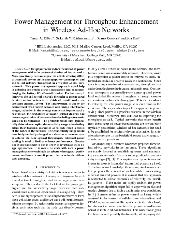 (PDF) Power management for throughput enhancement in wireless ad-hoc networks