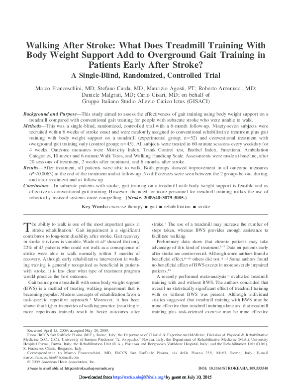 (PDF) Walking After Stroke: What Does Treadmill Training With Body Weight Support Add to ...