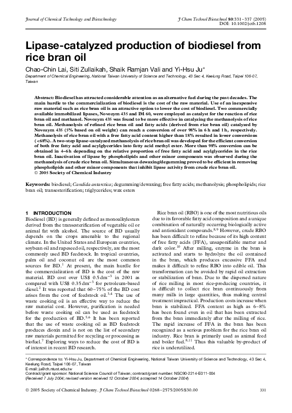 (PDF) Lipase-catalyzed production of biodiesel from rice bran oil