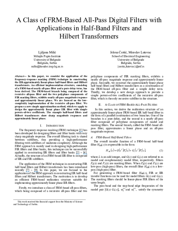 Pdf A Class Of Frm Based All Pass Digital Filters With Applications