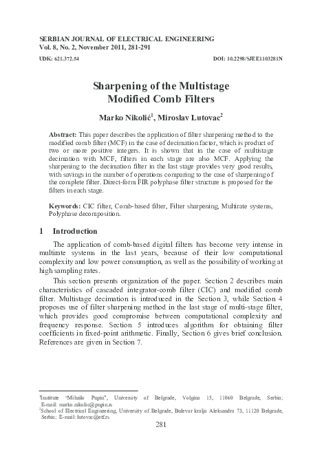 (PDF) Sharpening of the multistage modified comb filters | Miroslav Lutovac - Academia.edu