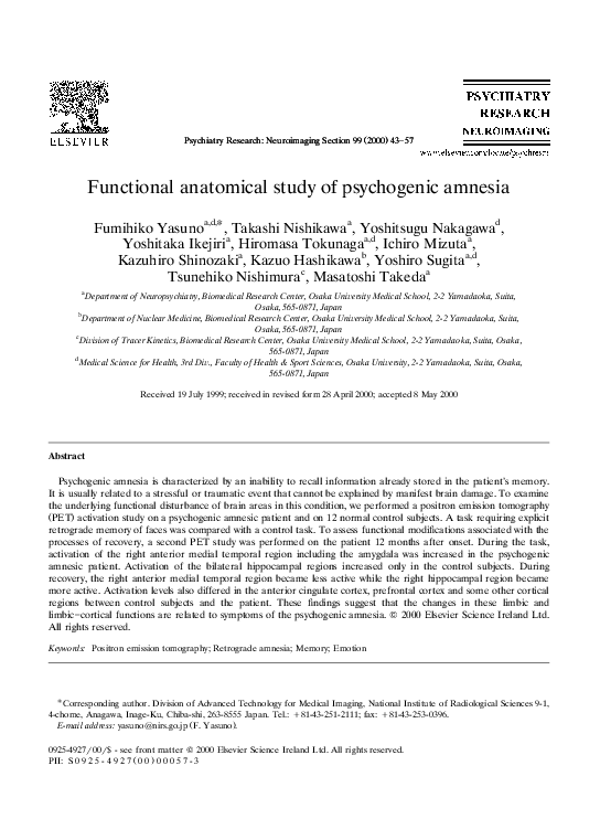 (PDF) Functional anatomical study of psychogenic amnesia
