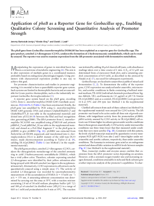 (PDF) Application of pheB as a Reporter Gene for Geobacillus spp., Enabling Qualitative Colony ...