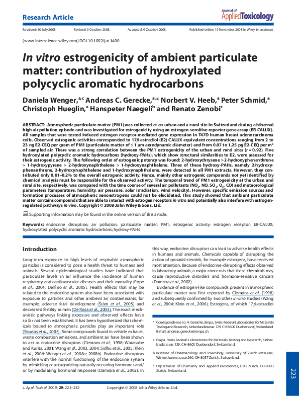 (PDF) In vitro estrogenicity of ambient particulate matter: contribution of hydroxylated ...