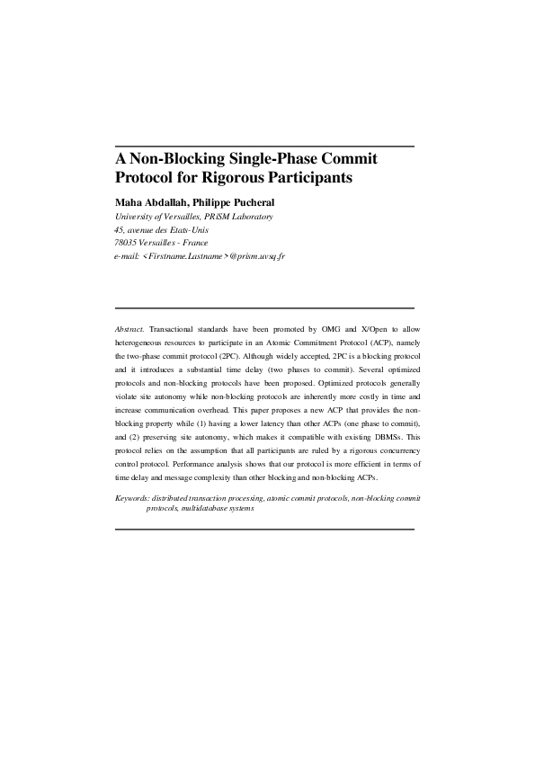 Pdf A Non Blocking Single Phase Commit Protocol For Rigorous Participants