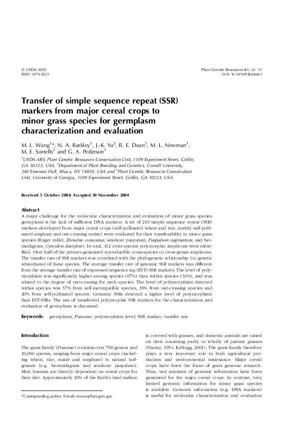 (PDF) Transfer of simple sequence repeat (SSR) markers from major cereal crops to minor grass ...
