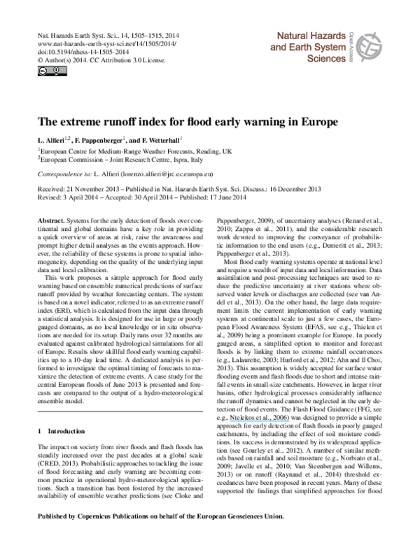 (PDF) The extreme runoff index for flood early warning in Europe