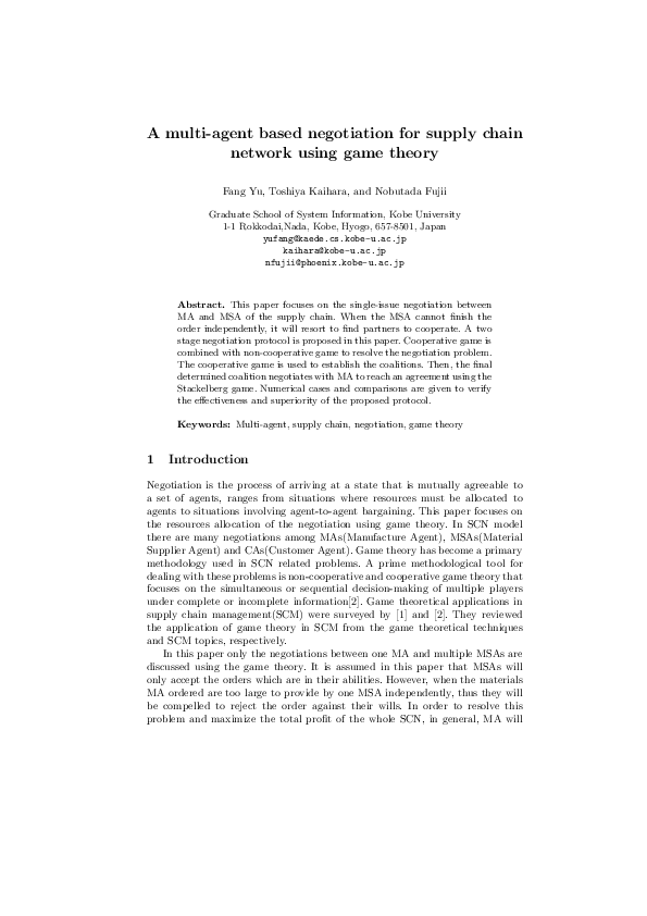 (PDF) A Multi-agent Based Negotiation for Supply Chain Network Using Game Theory | Toshiya ...