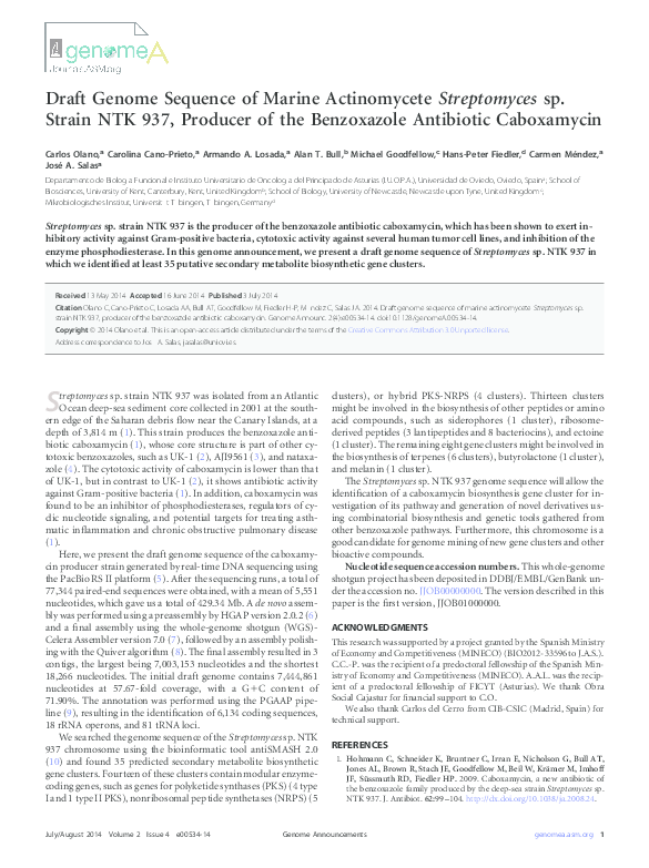 (PDF) Draft Genome Sequence of Marine Actinomycete Streptomyces sp. Strain NTK 937, Producer of ...