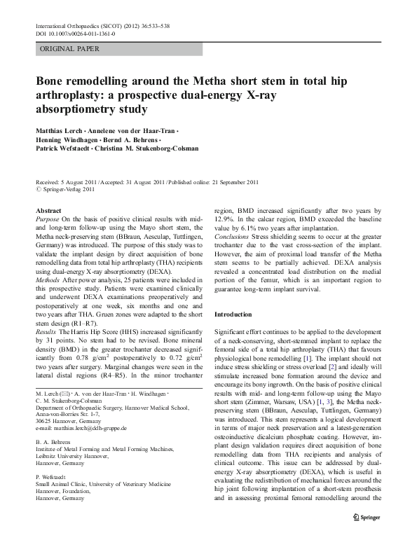 (PDF) Bone remodelling around the Metha short stem in total hip ...