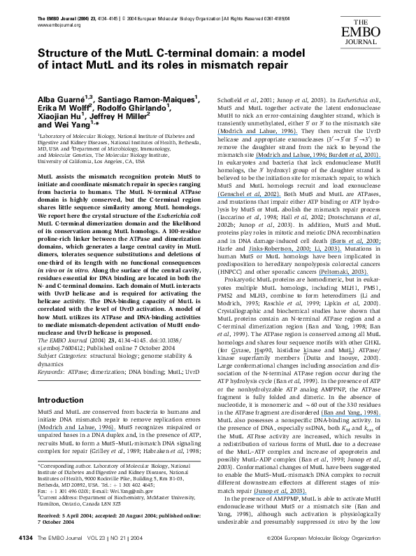 Pdf Structure Of The Mutl C Terminal Domain A Model Of Intact Mutl