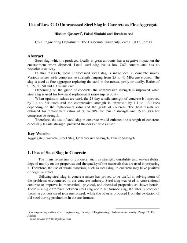 (PDF) Use of low CaO unprocessed steel slag in concrete as fine aggregate