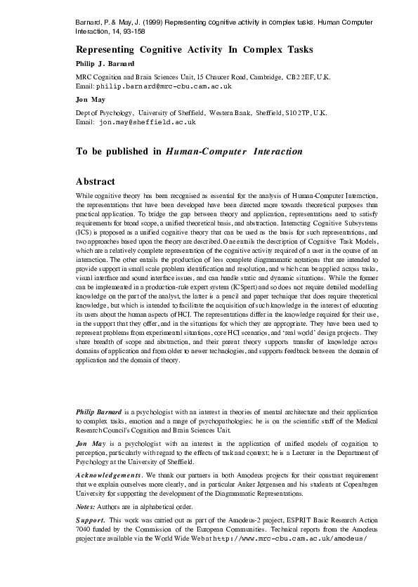 (PDF) Representing Cognitive Activity in Complex Tasks