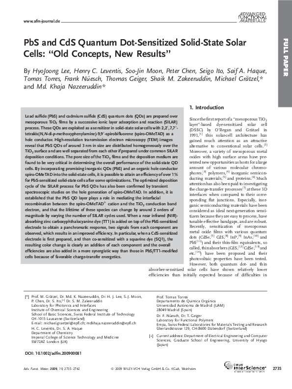 (PDF) PbS and CdS Quantum Dot-Sensitized Solid-State Solar Cells: “Old ...
