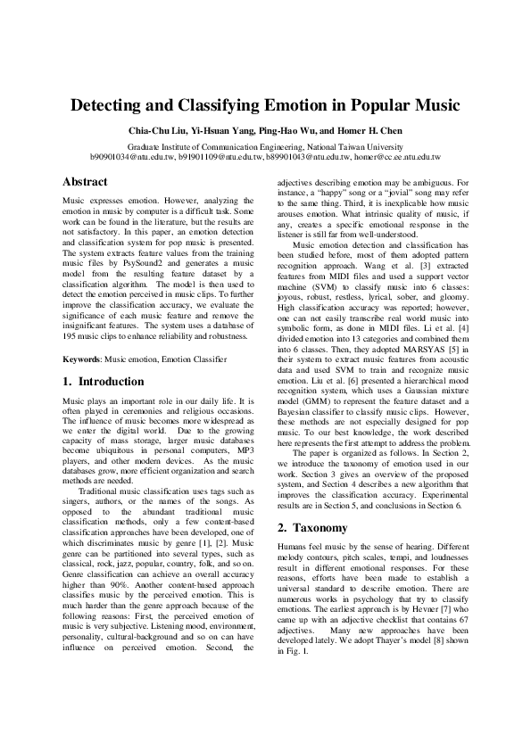 (PDF) Detecting and Classifying Emotion in Popular Music