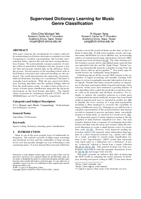 (PDF) Supervised dictionary learning for music genre classification