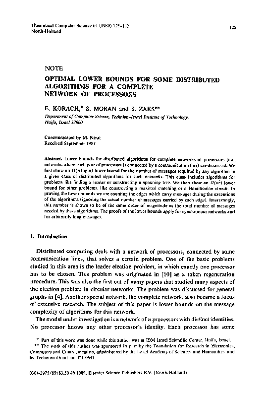 (PDF) Optimal lower bounds for some distributed algorithms for a complete network of processors