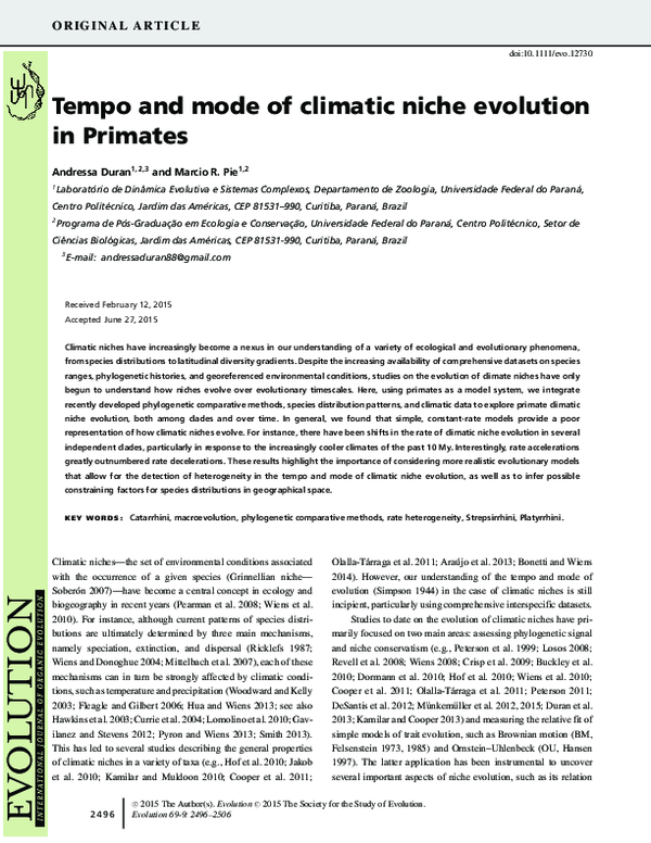 (PDF) Tempo and mode of climatic niche evolution in Primates