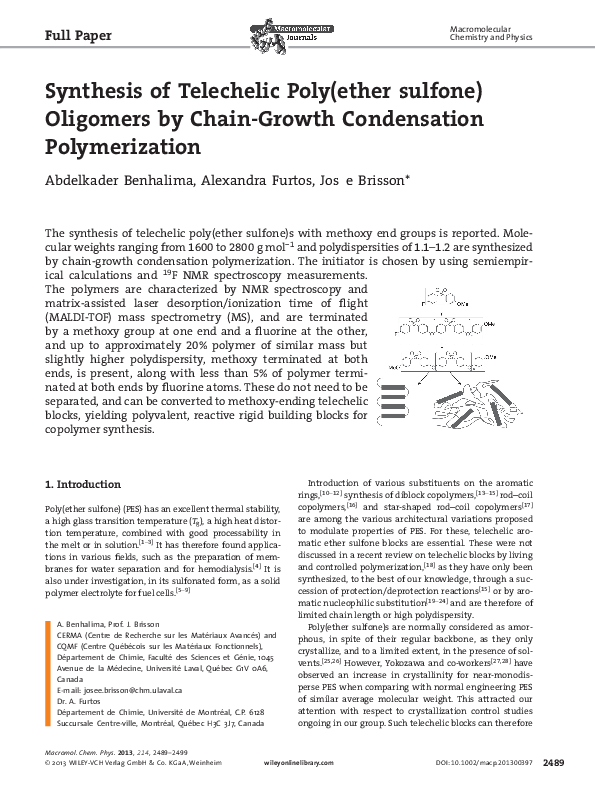 (PDF) Synthesis of Telechelic Poly(ether sulfone) Oligomers by Chain ...