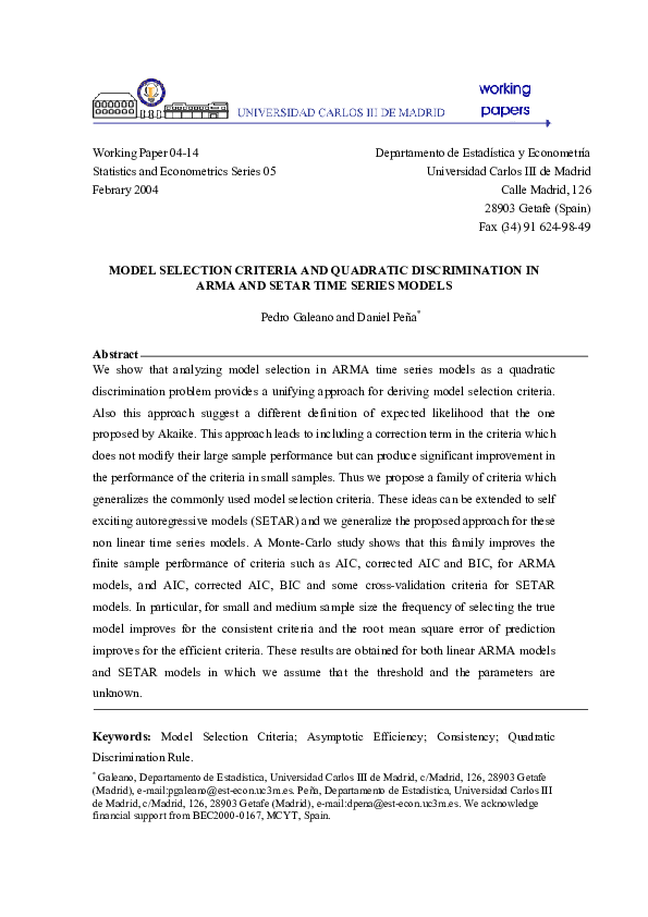 Pdf Model Selection Criteria And Quadratic Discrimination In Arma And Setar Time Series Models