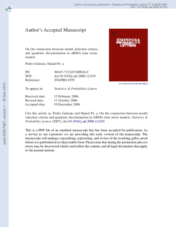 Pdf On The Connection Between Model Selection Criteria And Quadratic Discrimination In Arma