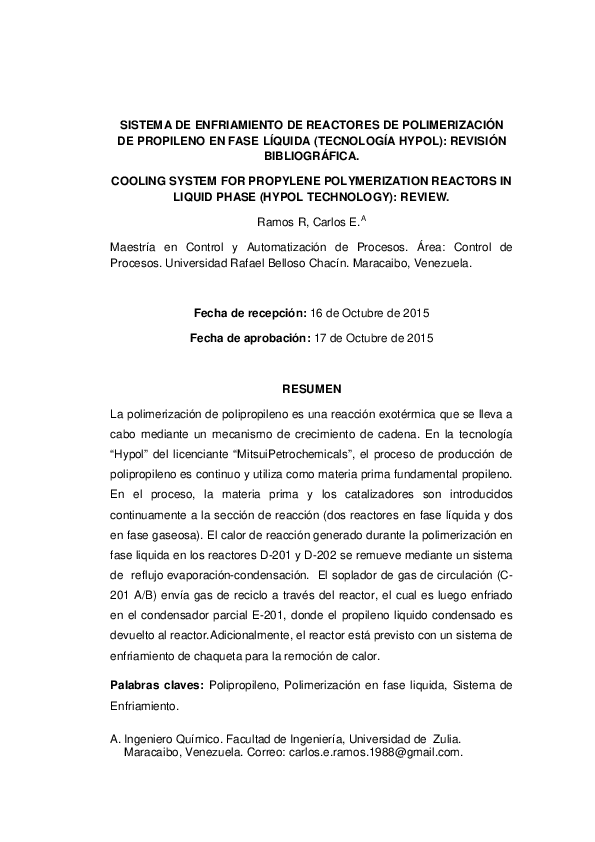 Pdf Cooling System For Propylene Polymerization Reactors In Liquid Phase Hypol Technology