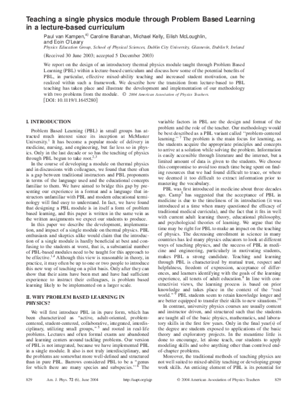(PDF) Teaching a single physics module through Problem Based Learning in a lecture-based curriculum