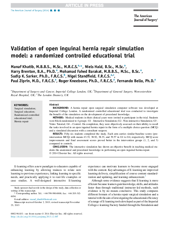 (PDF) Validation of open inguinal hernia repair simulation model: a randomized controlled ...