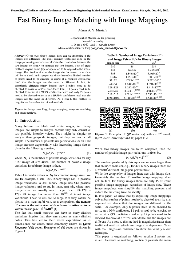 (PDF) Fast Binary Image Matching with Image Mappings