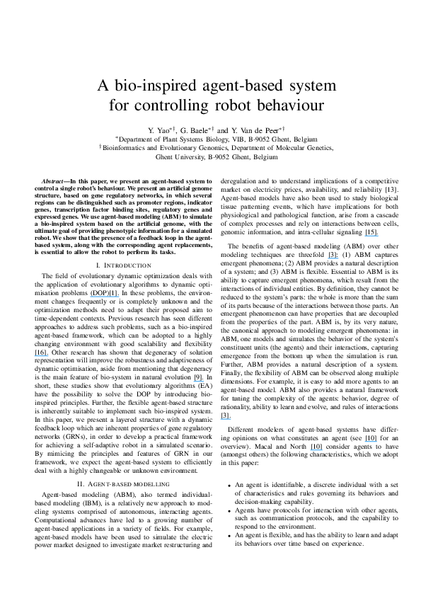 Pdf A Bio Inspired Agent Based System For Controlling Robot Behaviour
