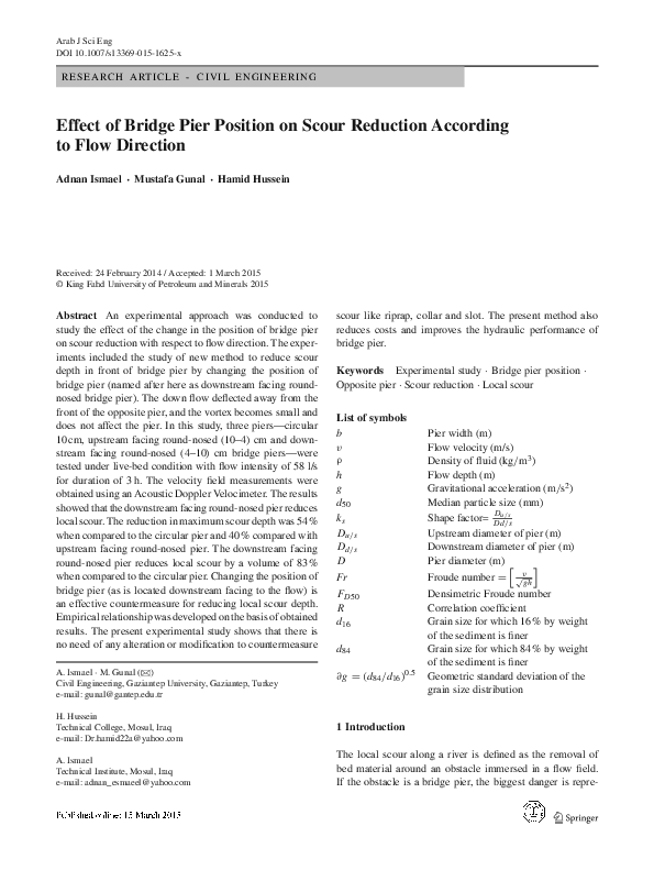 (PDF) Effect of Bridge Pier Position on Scour Reduction According to Flow Direction