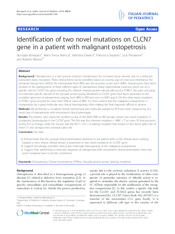 (PDF) Identification of two novel mutations on CLCN7 gene in a patient ...