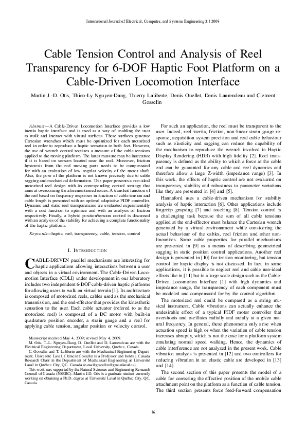 (PDF) Cable tension control and analysis of reel transparency for 6-dof haptic foot platform on ...