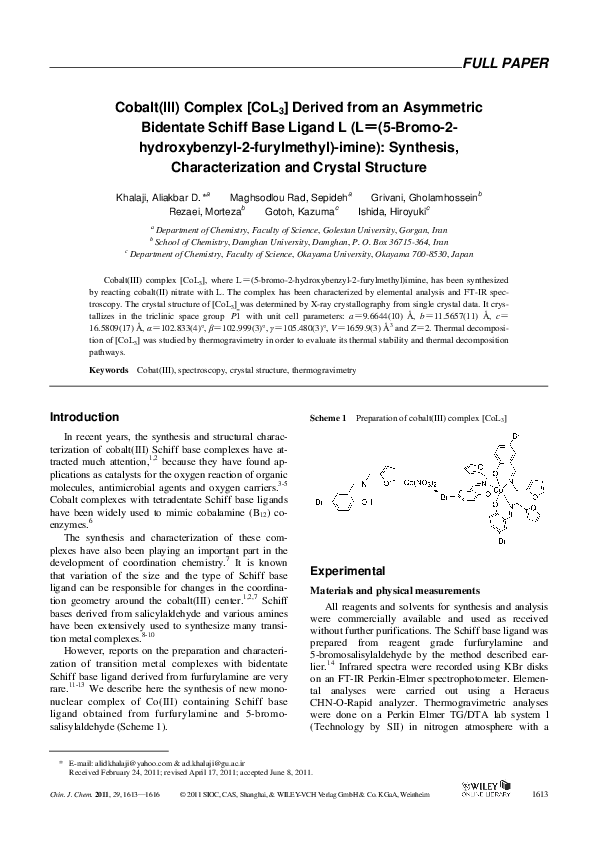 Cobalt(III) Complex [CoL3] Derived from an Asymmetric Bidentate Schiff ...