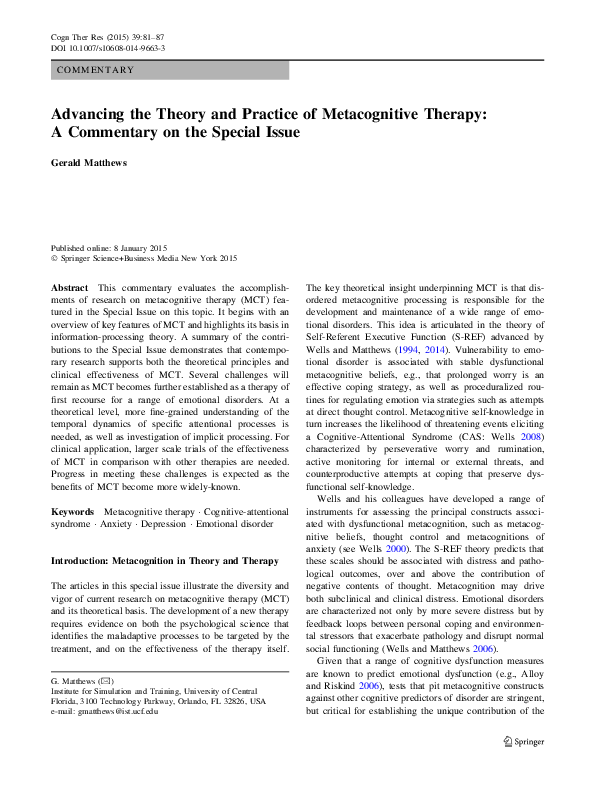 (PDF) Advancing the Theory and Practice of Metacognitive Therapy: A Commentary on the Special Issue