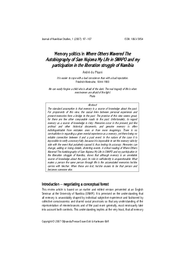 (PDF) Memory politics in Where Others Wavered The Autobiography of Sam ...