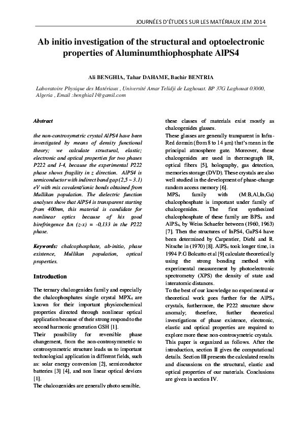 (PDF) Ab initio investigation of the structural and optoelectronic properties of ...